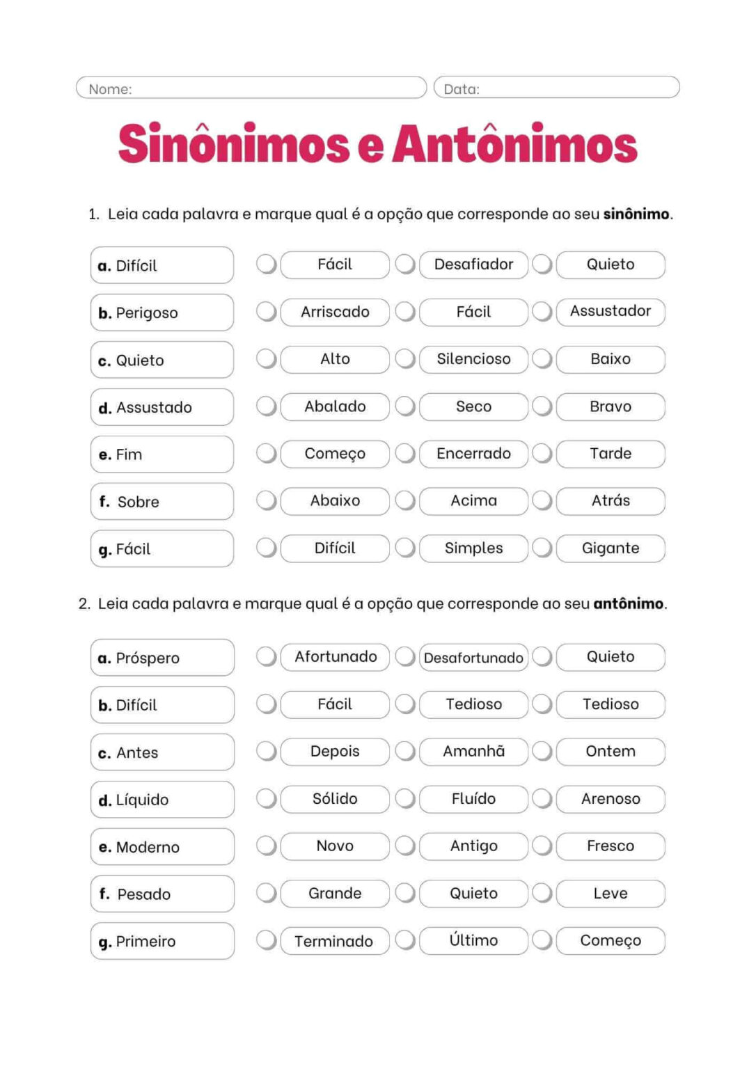 Atividades com Sinônimos e Antônimos 1º a 3º Ano p/ Imprimir