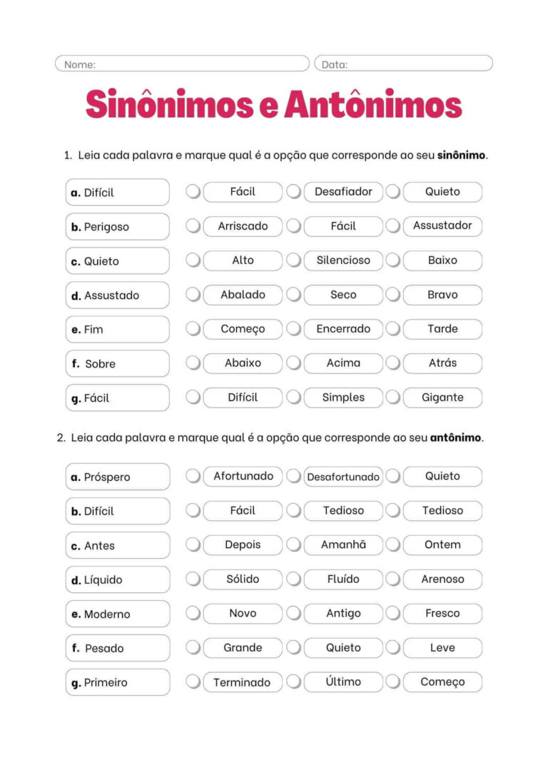 Atividades com Sinônimos e Antônimos 1º a 3º Ano p/ Imprimir