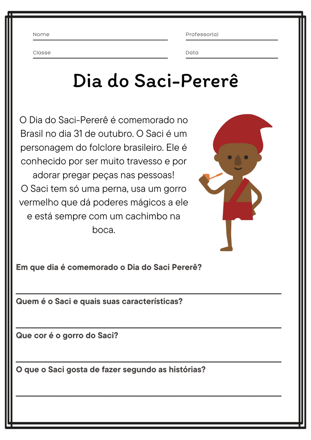 Atividades de Folclore sobre o Saci Pererê para Imprimir