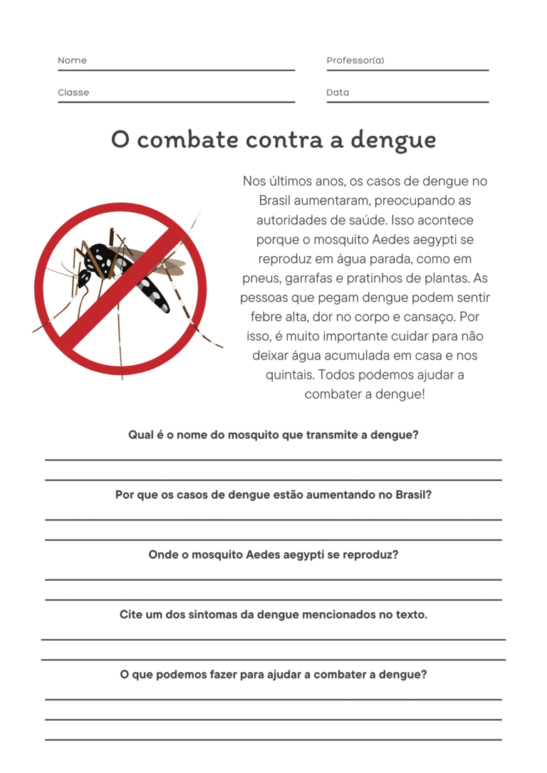 Atividade com Texto sobre a Dengue para 3º e 4º Ano
