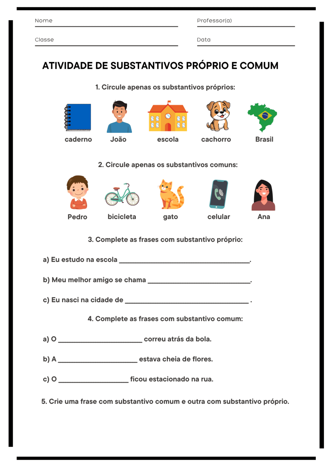 Atividade de Substantivo Próprio e Comum 3º e 4º Ano